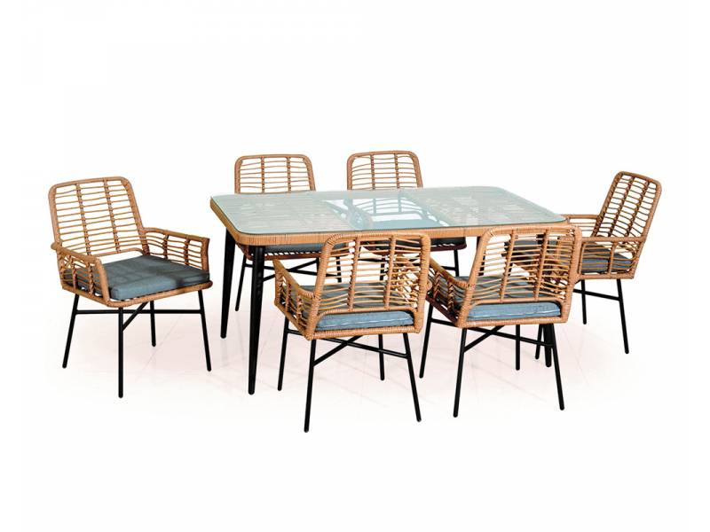 Rattan Τραπεζαρία Με Μεταλλικό Σκελετό Σετ 7τμχ - έπιπλα κήπου